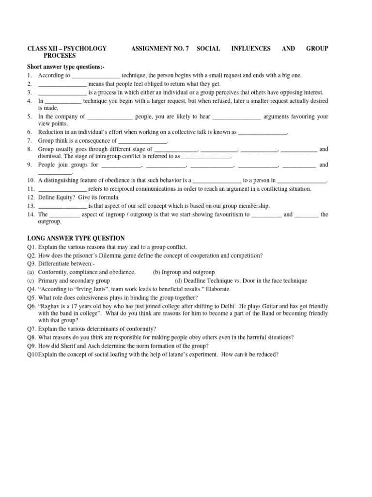 CBSE Worksheets For Class 12 Psychology Assignment 4 | PDF | Conformity ...