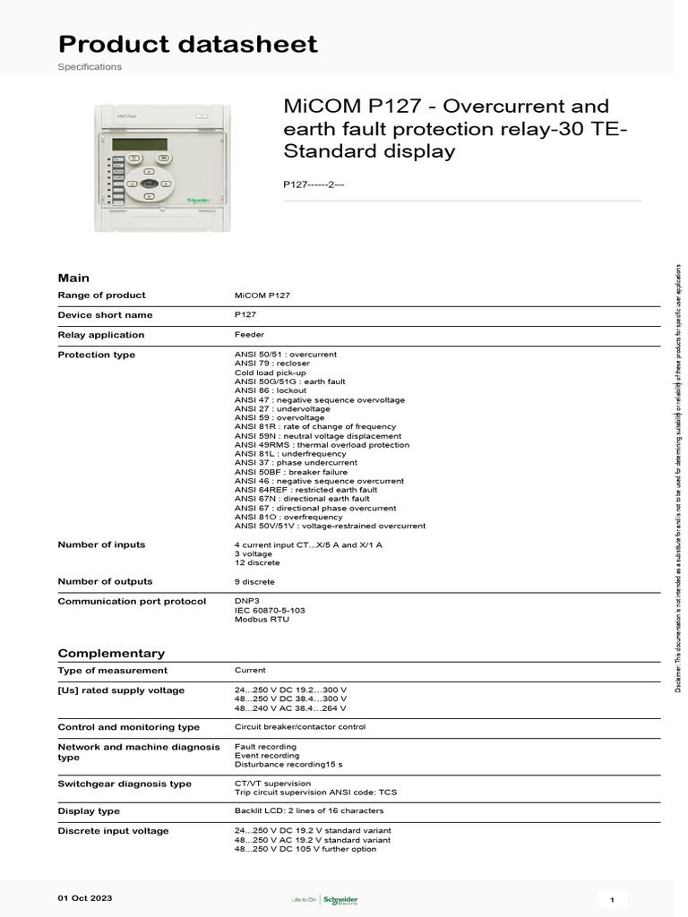 Product Datasheet: Micom P127 - Overcurrent and Earth Fault Protection ...