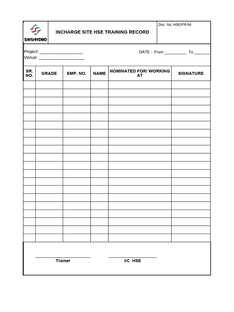 Incharge Site HSE Training Record | PDF
