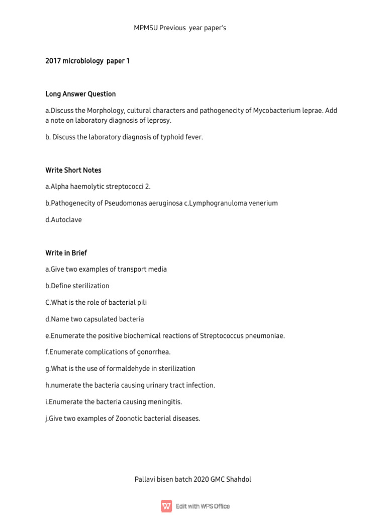 PYQ Micro MPMSU | PDF | Bacteria | Infection