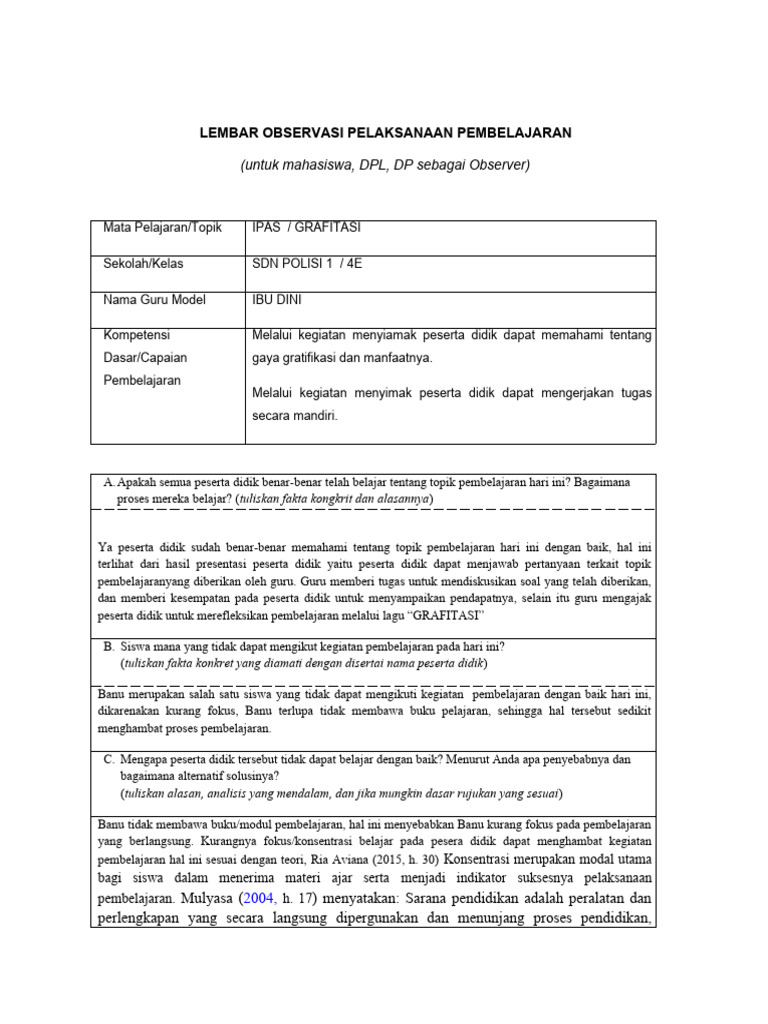 Lampiran 5. LK 4 Format Lembar Observasi Pelaksanaan Pembelajaran Untuk Observer | PDF