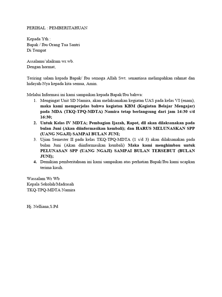 Format Tagihan Uang Spp Santri (Uang Ngaji) Tkq-tpq-mdta Namira | PDF