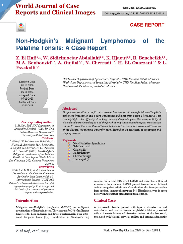 Non-Hodgkin's Malignant Lymphomas of The Palatine Tonsils: A Case Report | PDF | Lymphoma ...