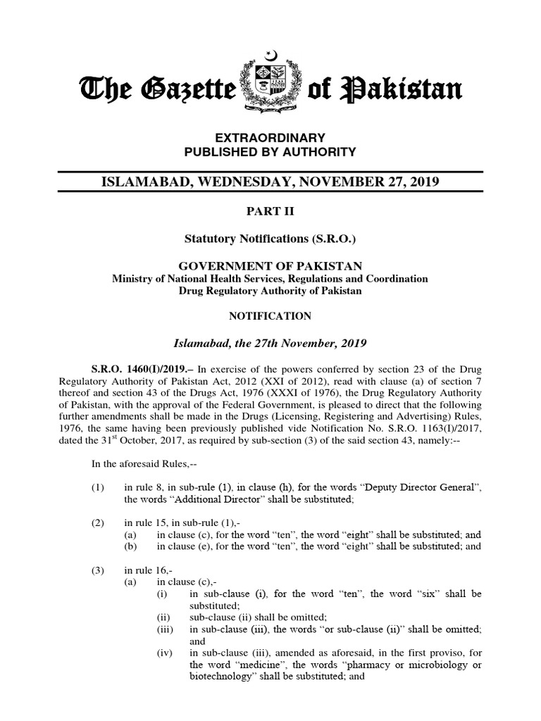 Sro 1460 (I) - 2019 | PDF | Pharmacy | Pharmacology