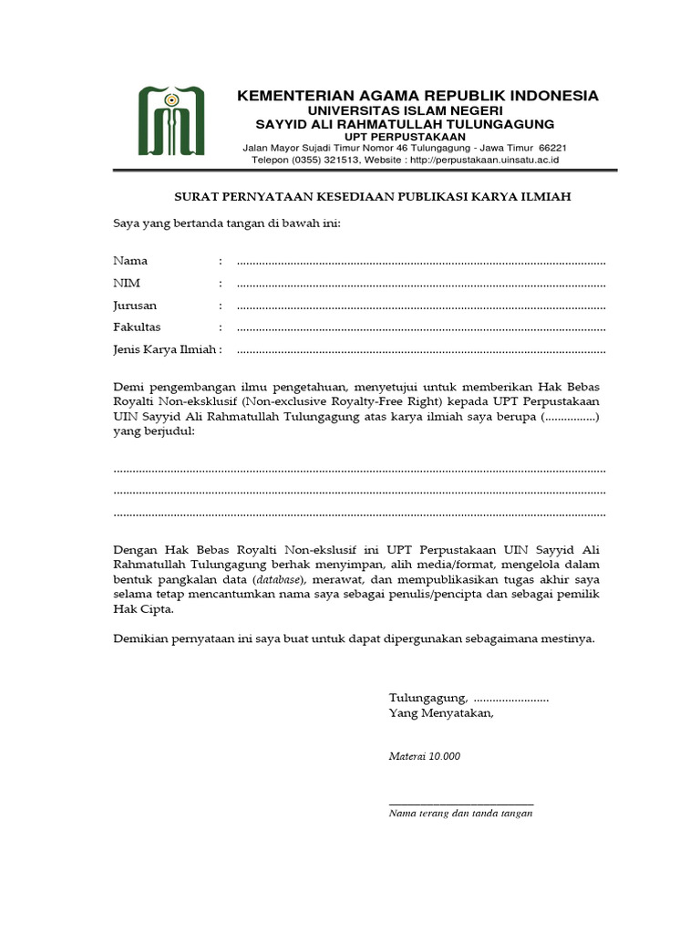 Surat Pernyataan Kesediaan Publikasi Karya | PDF
