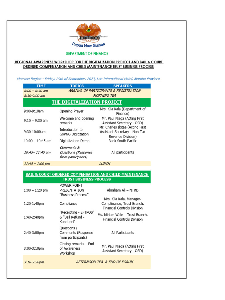 Tentative Program - Momase Region - UPDATED As at 13SEP2023 | PDF