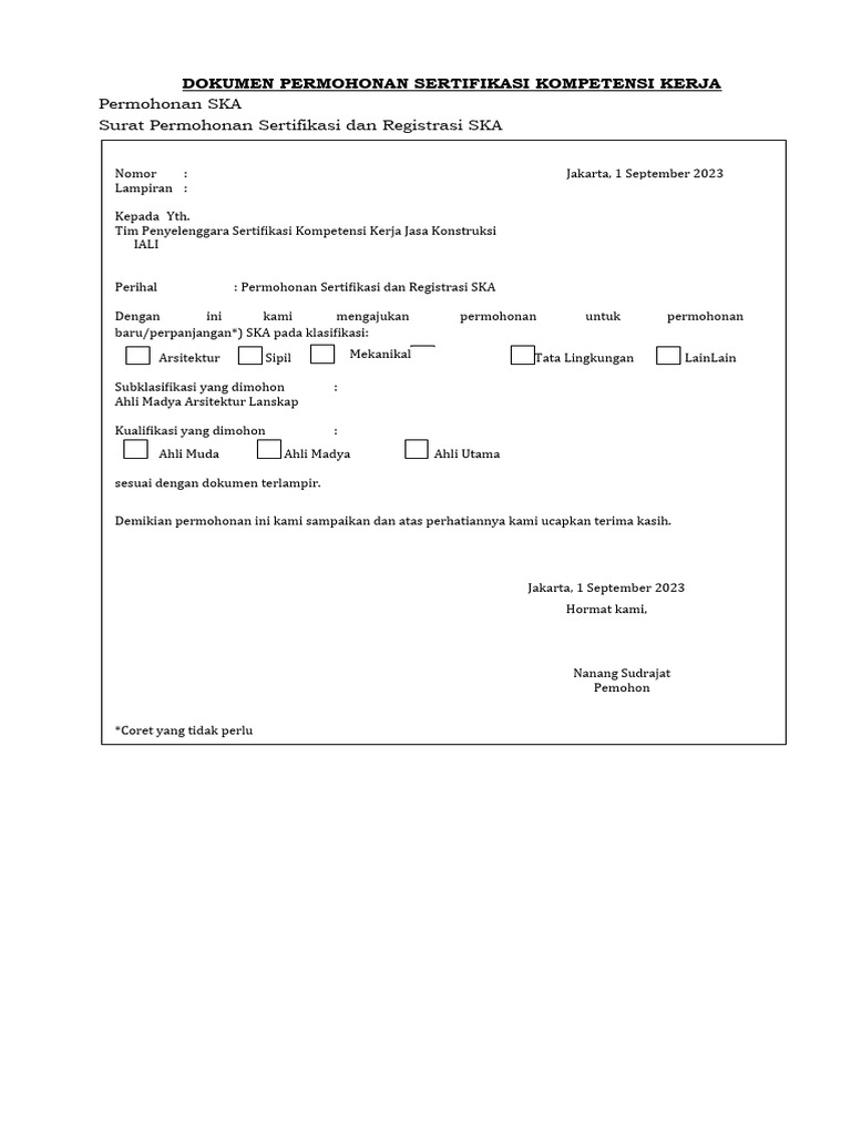 01 - Dokumen Permohonan SKK Iali - Pemohon | PDF