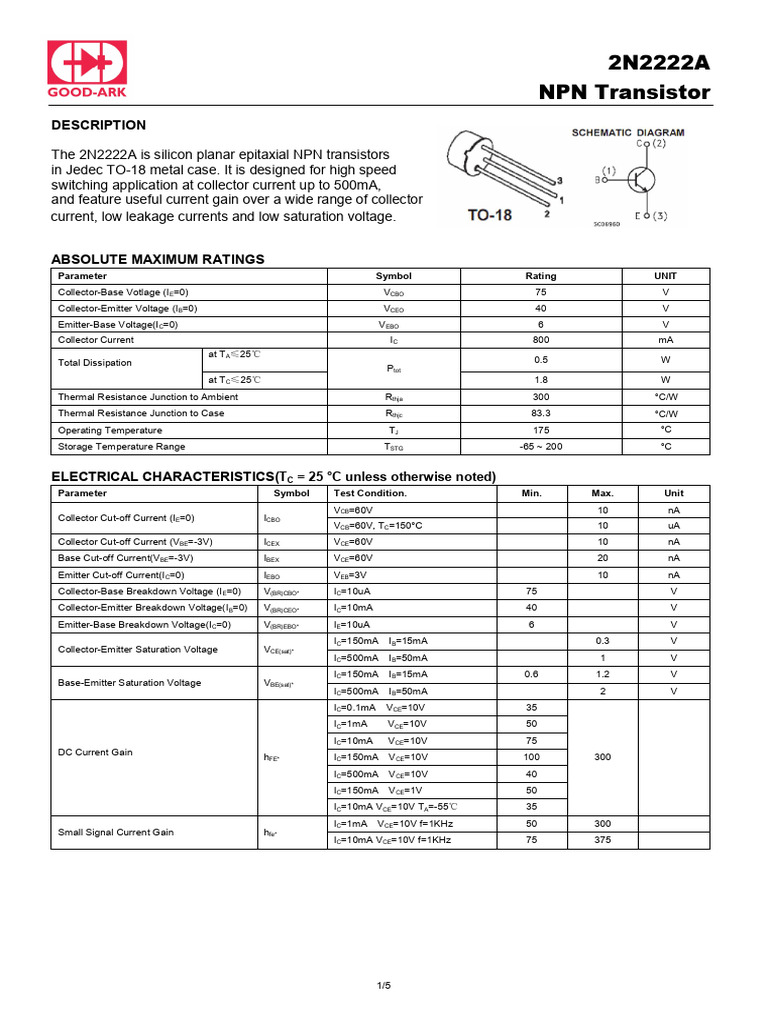 2N2222A | PDF | Bipolar Junction Transistor | Electrical Engineering