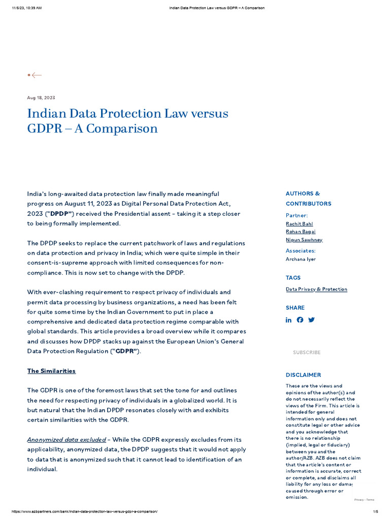 Indian Data Protection Law vs GDPR Comparison | PDF | Consent | Fiduciary