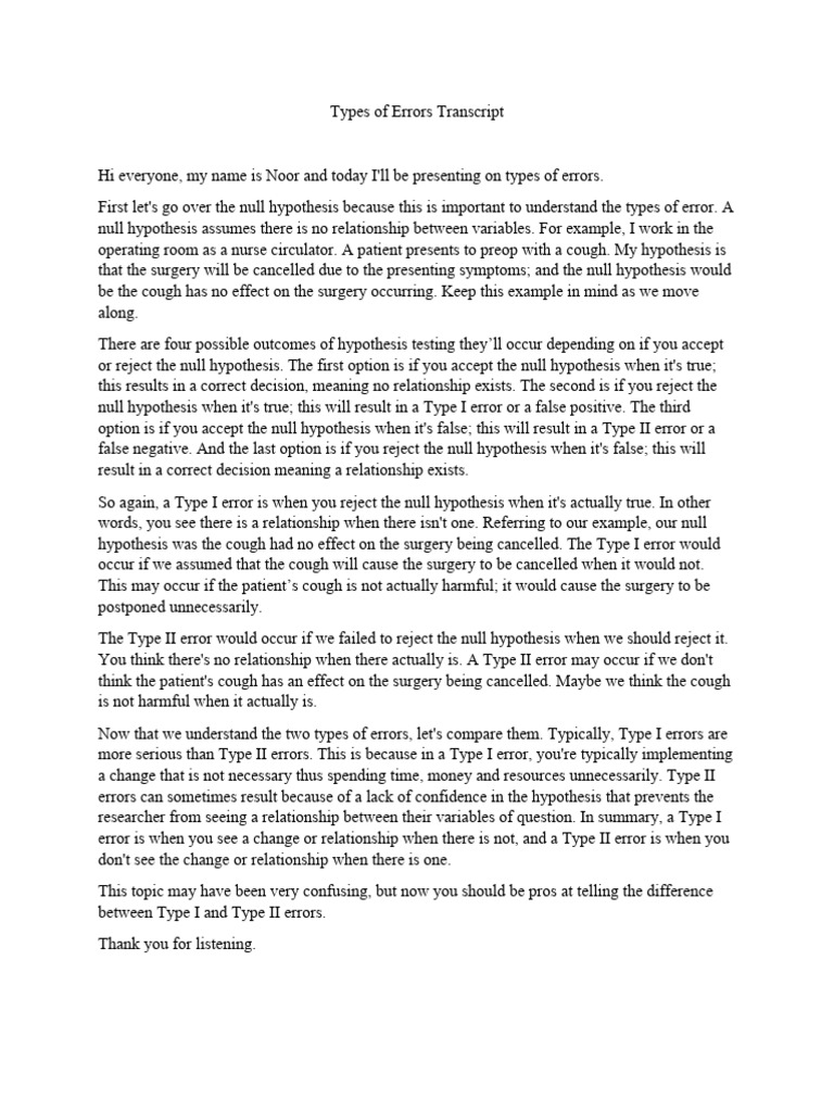 Types of Errors Transcript | PDF | Type I And Type Ii Errors | Hypothesis