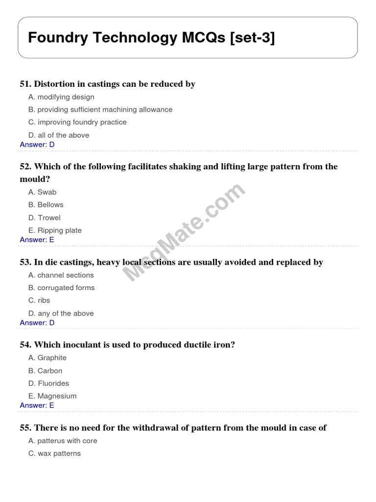Foundry Technology Solved Mcqs Set 3 Pdf Foundry Materials