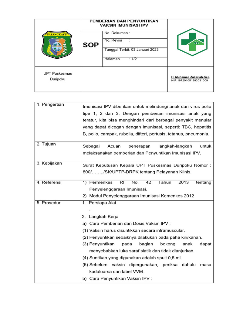 Sop Pemberian Dan Penyuntikan Imunisasi Ipv Edit | PDF | Kesehatan Holistik | Sains & Matematika