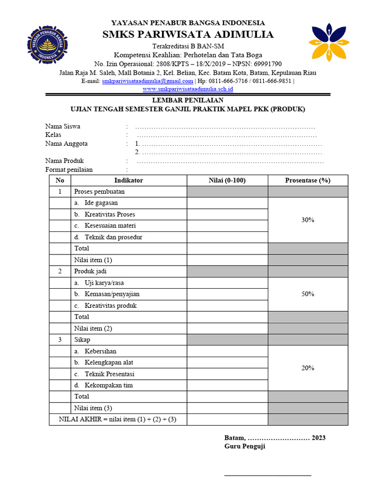 Lembar Penilaian Ujian Praktik PKK | PDF