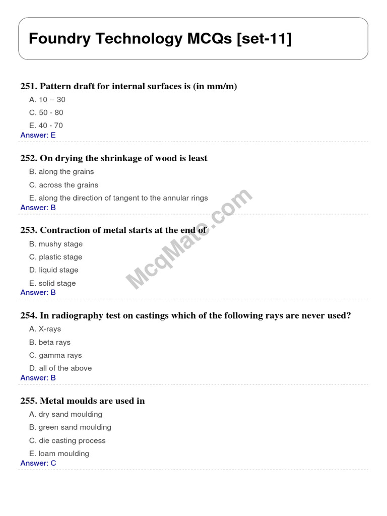 Foundry Technology Solved MCQs (Set-11) | Download Free PDF | Foundry ... Foundry Technology Solved MCQs (Set-11) | Download Free PDF | Foundry ...