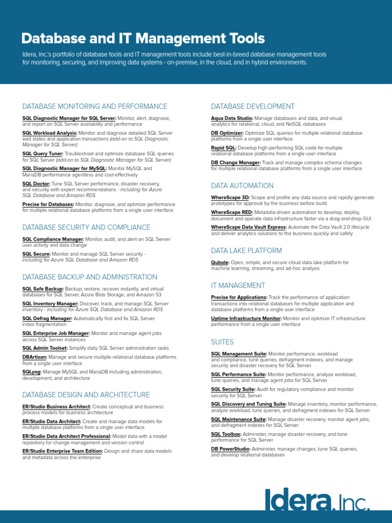Idera Inc - Database Tools - AllInOneDatasheet | PDF | Databases | Microsoft Sql Server