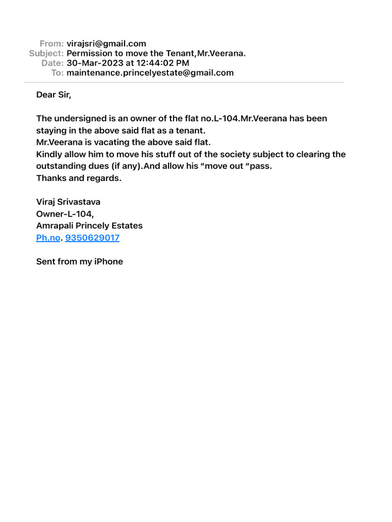 Draft FWD Permission To Move The Tenant, MR - Veerana | PDF