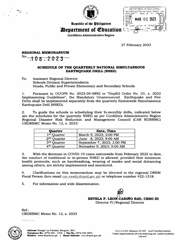 RM No. 108 S. 2023 - Schedule of The Quarterly National Simultaneous ...