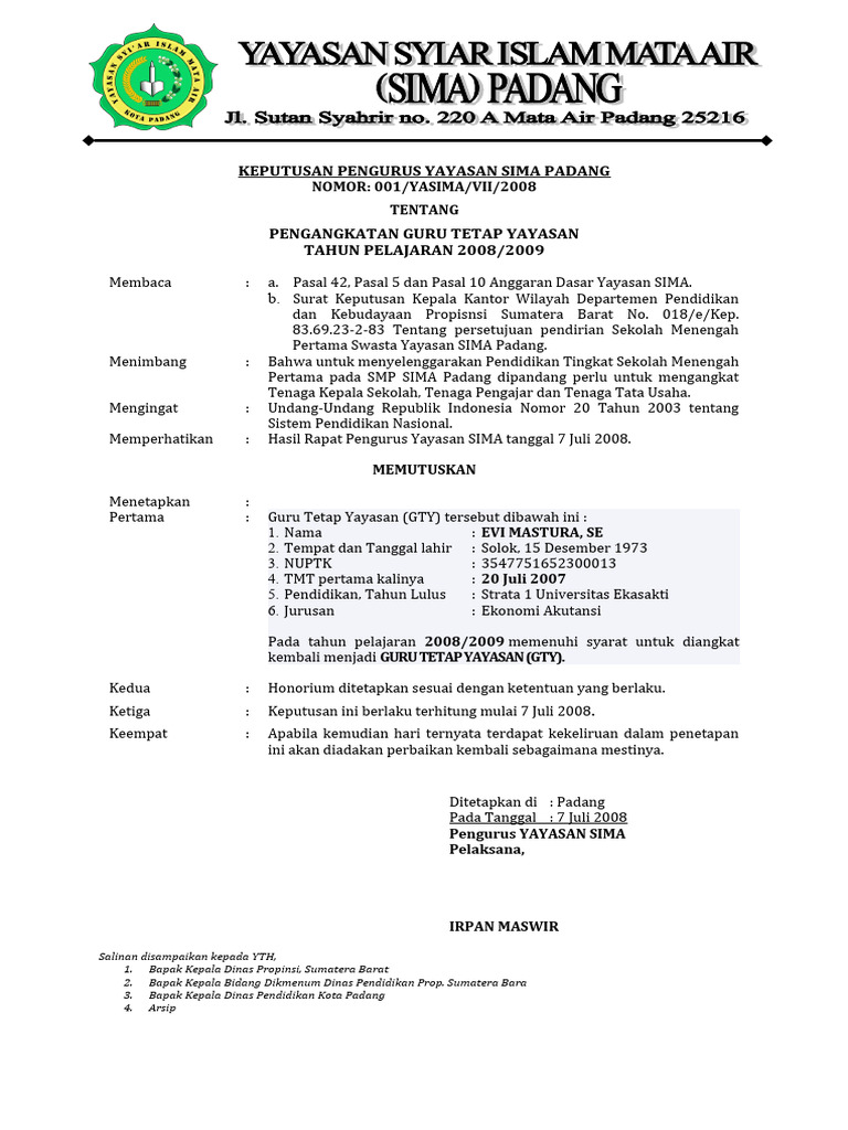 Pengangkatan Guru Tetap Yayasan SIMA | PDF