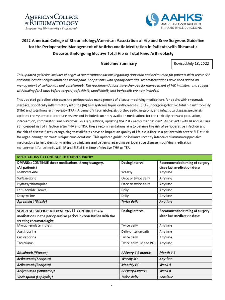 Perioperative Management Guideline Summary 2022 | PDF | Rheumatology ...
