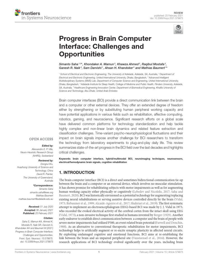 Progress in Brain Computer Interface: Challenges and Opportunities | PDF ...