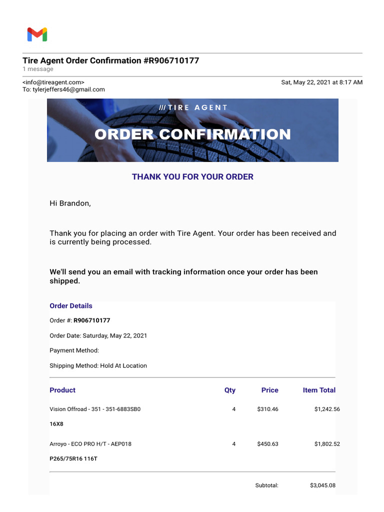 Gmail - Tire Agent Order Confirmation #R906710177 | PDF | Payments | Economies