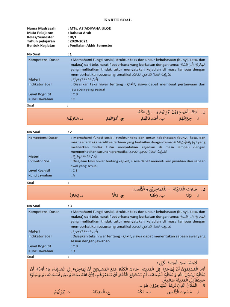 Kartu Soal Pas Bahasa Arab 9 Semester Ganjil | PDF