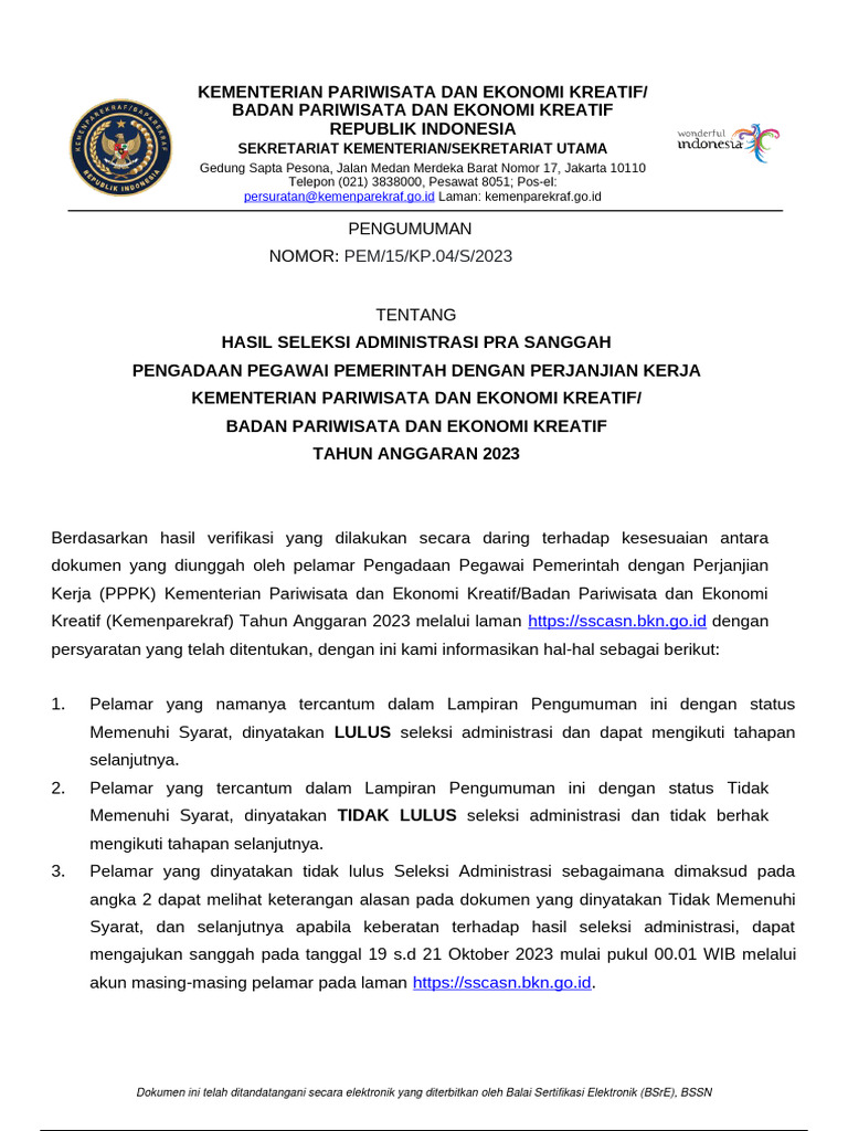 Pengumuman Hasil Seleksi Admin Pra Sanggah PPPK Ta.2023 Kemenparekraf | PDF