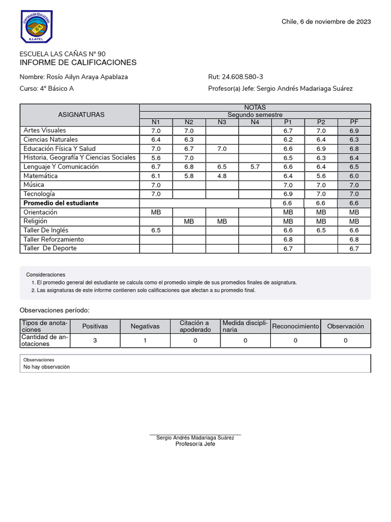4° Básico A - Informe de calificaciones (4) | PDF | Cognición | Science