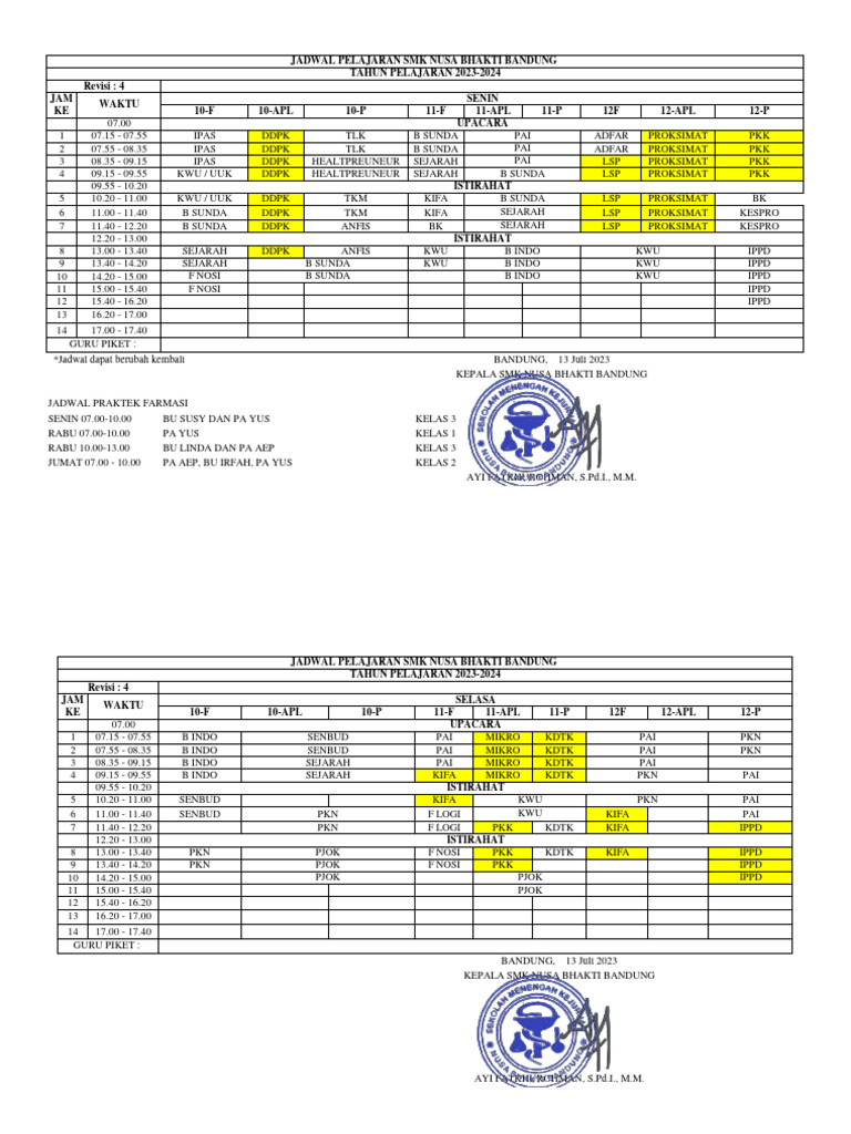 Jadwal Pelajaran 2023-2024 Rev Bk 30-8-2023 | PDF