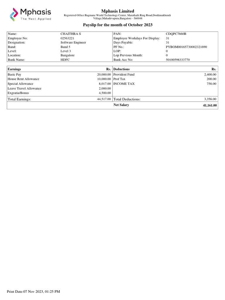 October 2023 Payslip for Mphasis Employee | PDF