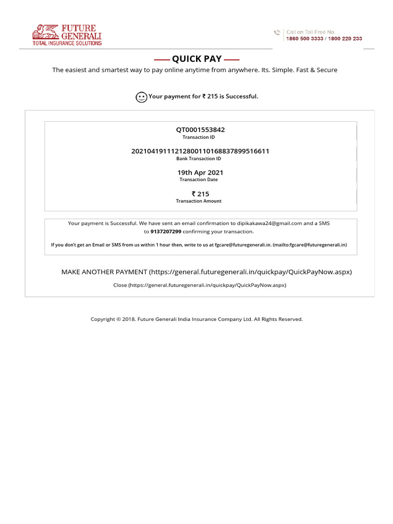 Future Generali India Insurance Co. Ltd. - Quick Pay | PDF