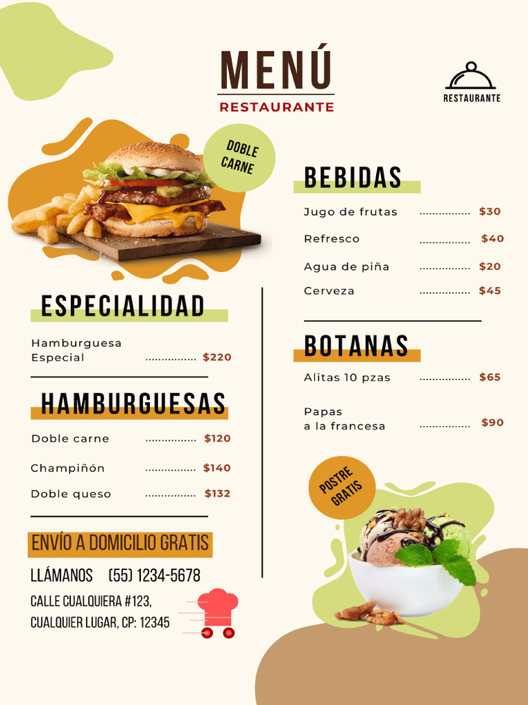 Menú Impreso Restaurant Hamburguesa Comida Verde Cafe | PDF