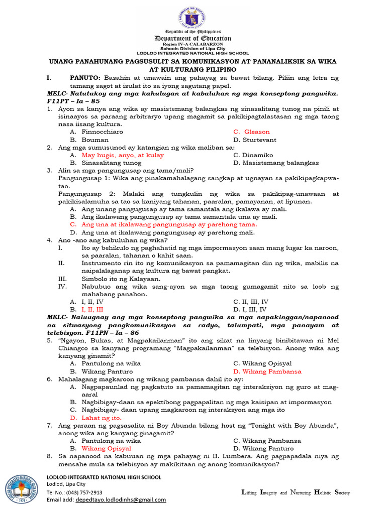 Unang Panahunang Pagsusulit Sa Komunikasyon at Pananaliksik Sa Wika at ...