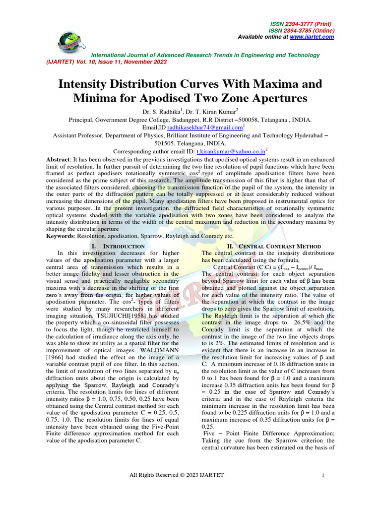 Intensity Distribution Curves With Maxima And Minima For Apodised Two Zone Apertures Pdf