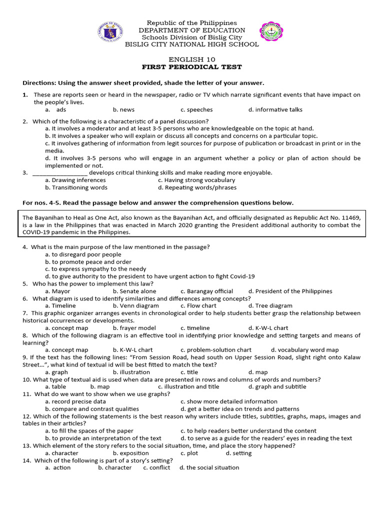 First Periodical Test Directions: Using The Answer Sheet Provided ...