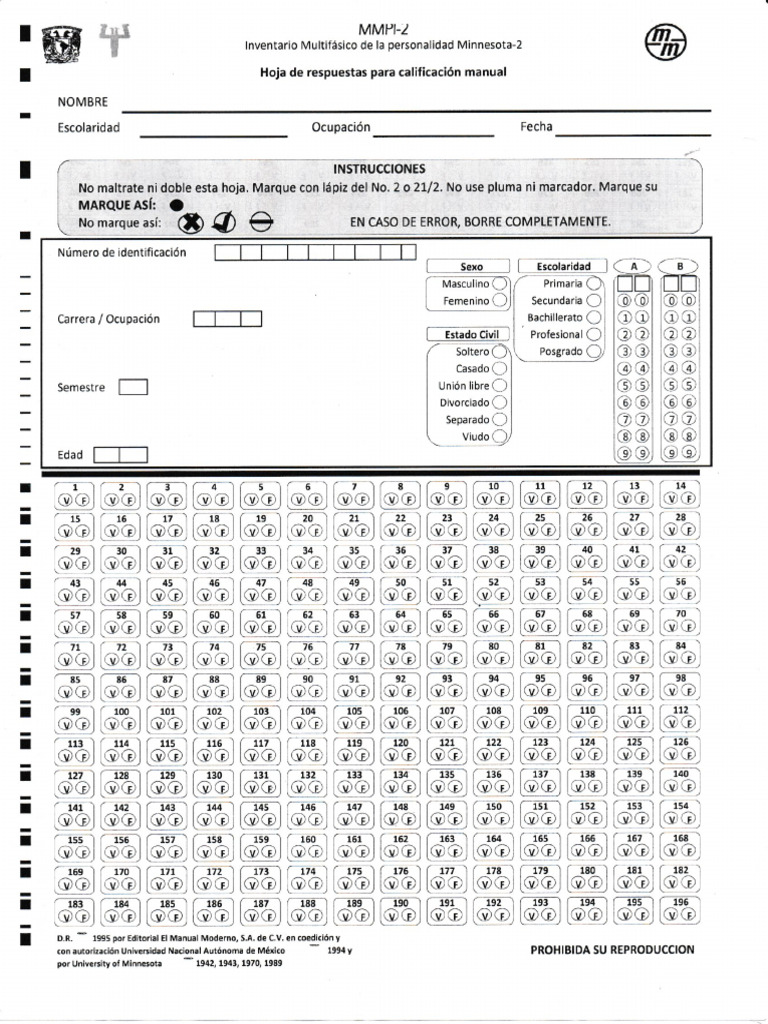Hoja de Respuesta MMPI-2 - Aplicacion de Pruebas | PDF