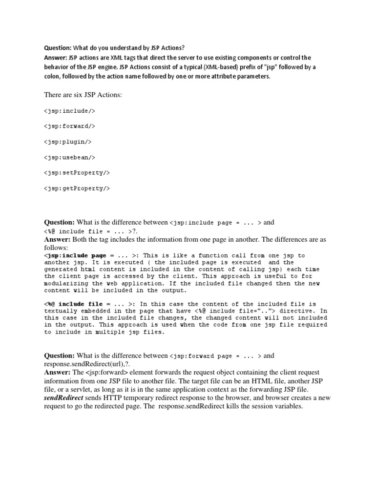 Behavior Of The Jsp Engine Jsp Actions Consist Of A Typical Xml Based Prefix Of Jsp 