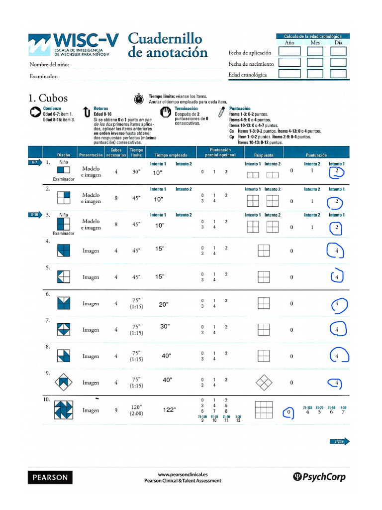 Corregido PROTOCOLO MJUJER WISC-V. Cuadernillo de Anotación 1 | PDF
