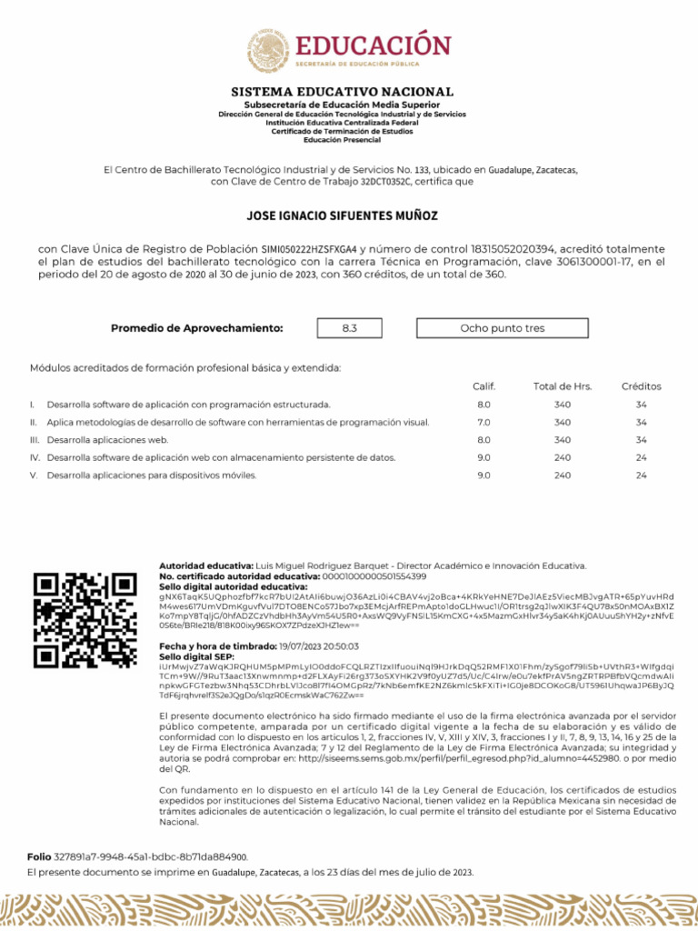 01 Certificado de Estudios Dgeti | PDF | Pensamiento | Matemáticas