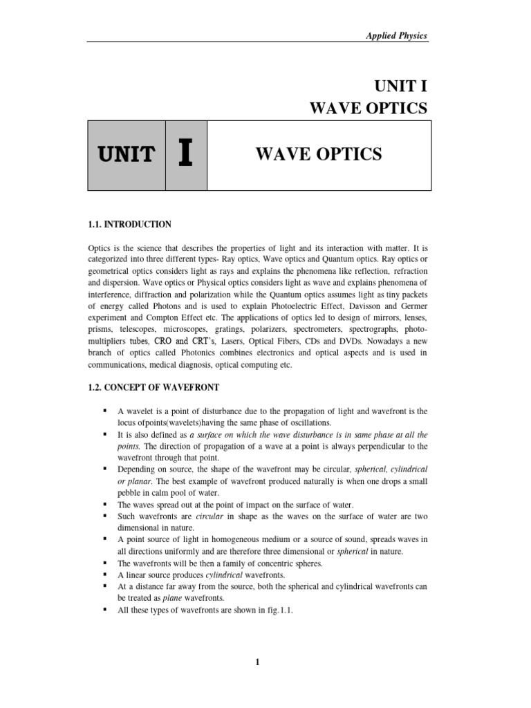 UNIT I - Wave Optics | PDF | Optics | Waves