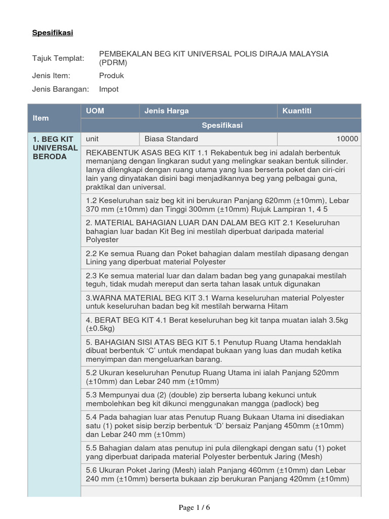 Beg Kit Universeal PDRM Spec | PDF