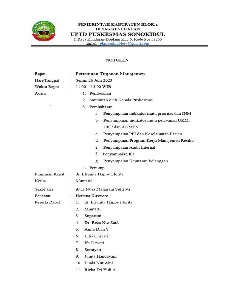 Notulen Hasil Pertemuan Tinjauan Manajemen | PDF
