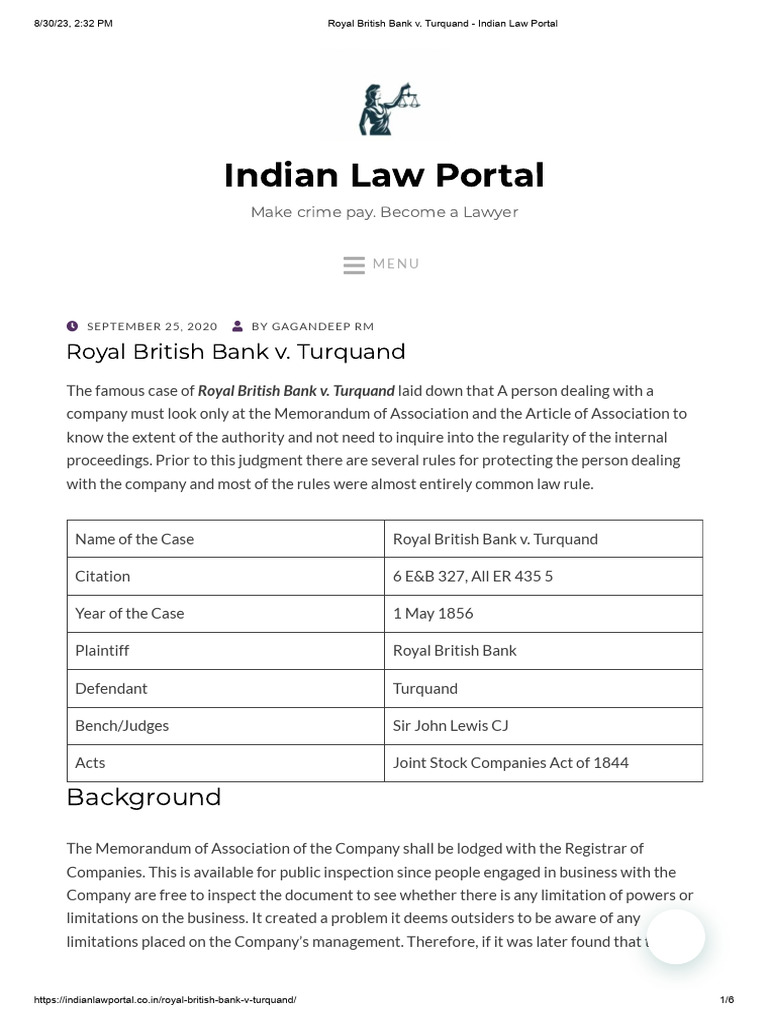 Royal British Bank v. Turquand Summary | PDF | Public Law | Private Law