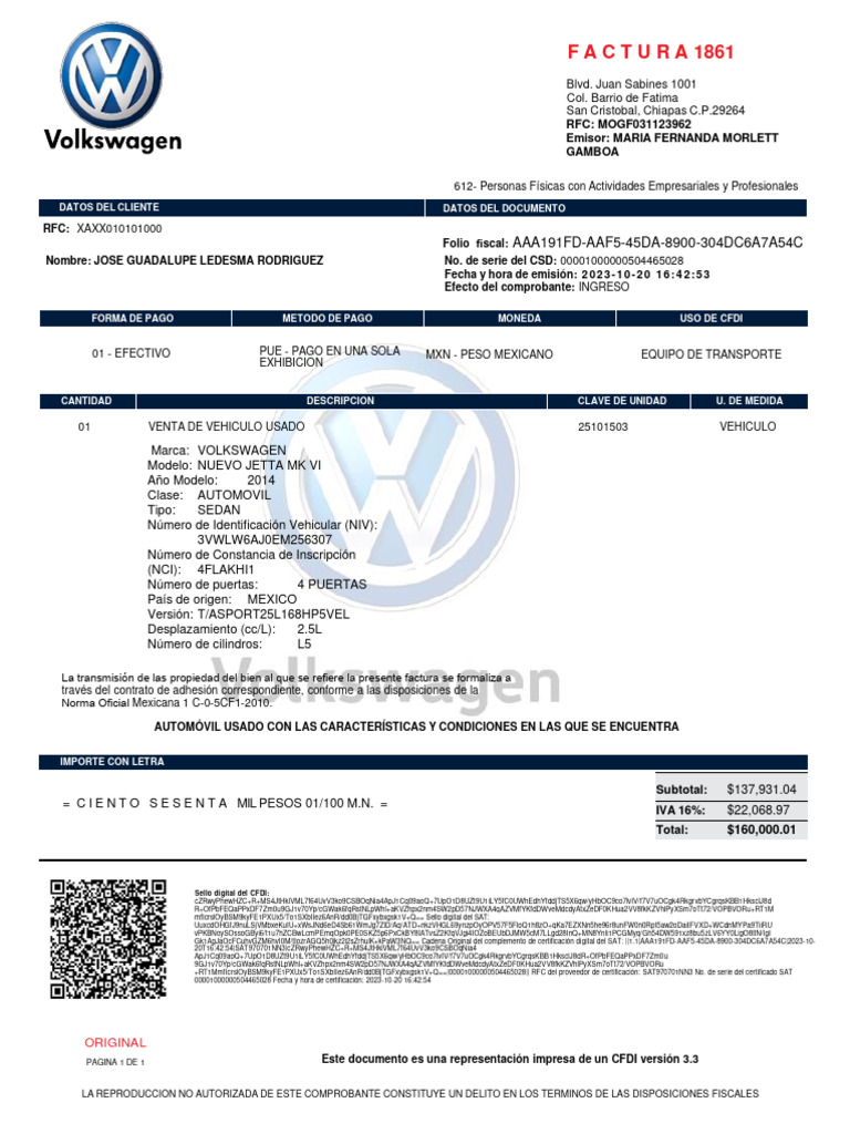 Factura Venta Jetta 2014 San Cristóbal | PDF | Vehículos terrestres | Transporte