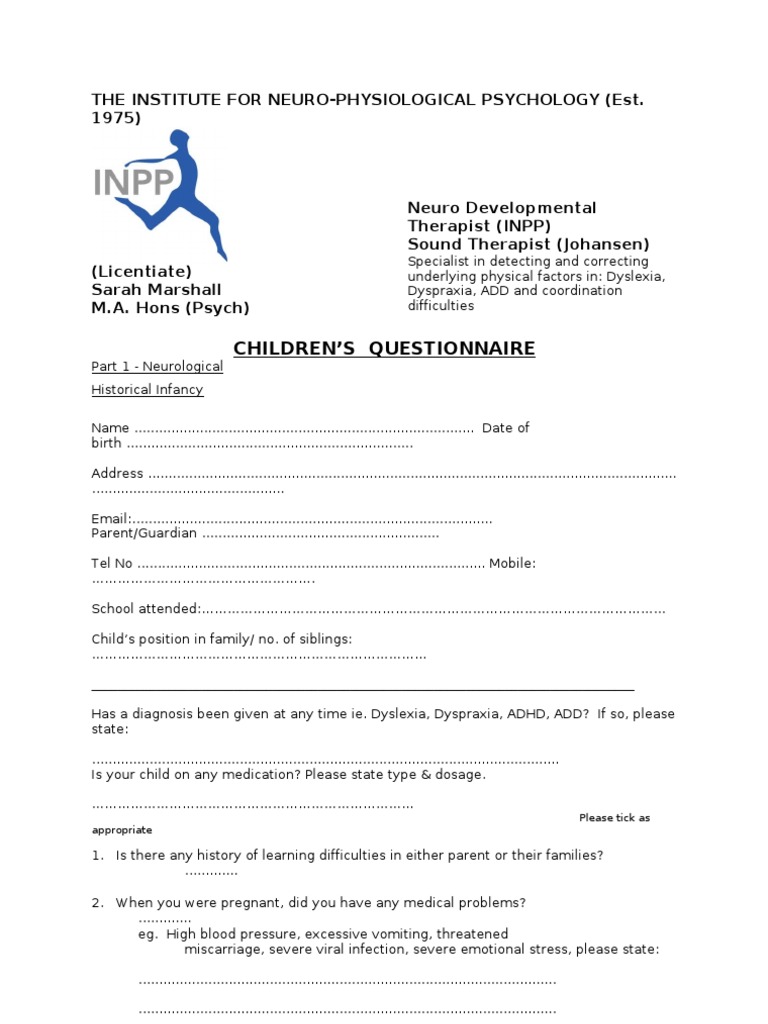 INPP Children's Developmental Questionnaire | Download Free PDF ...