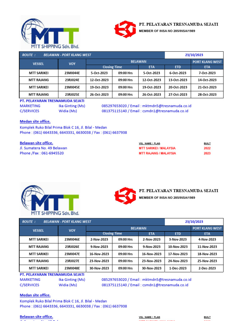 MTT Schedule for Port Klang West | PDF