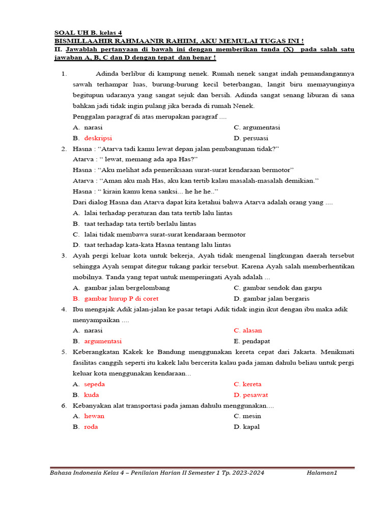 SOAL PH2 B.Indonesia Kelas 4 | PDF