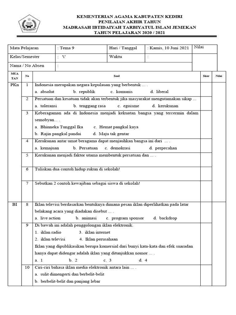 Soal PAT Tema 9 2021 | PDF