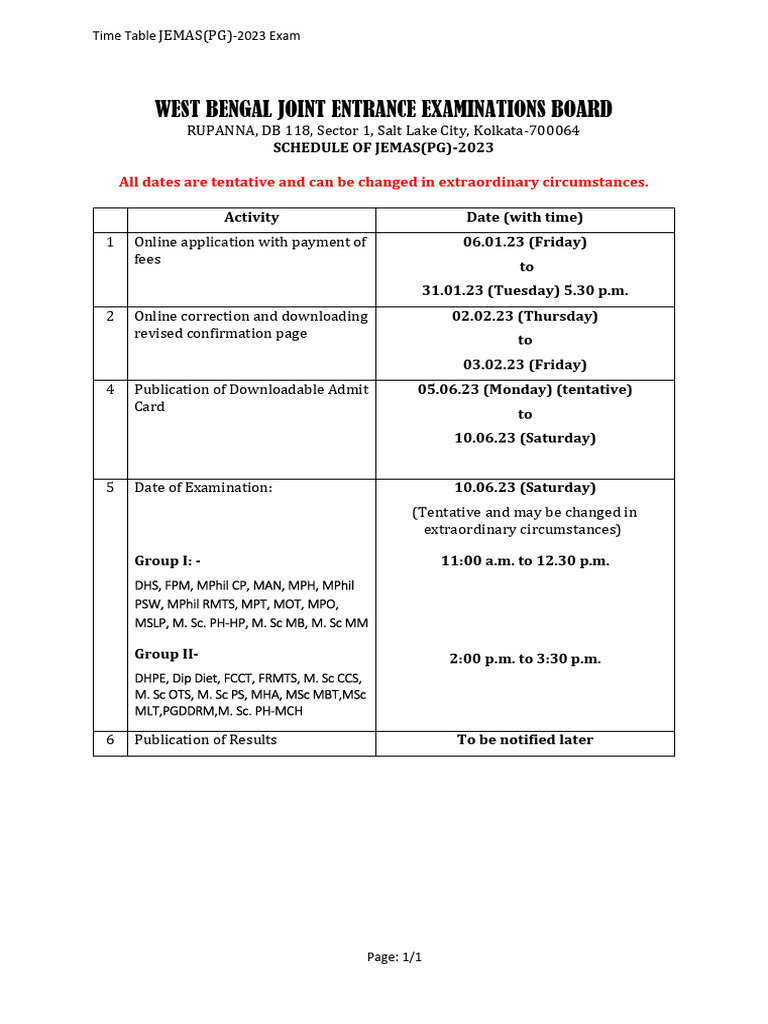 JEMAS(PG)-2023 Exam Schedule | PDF