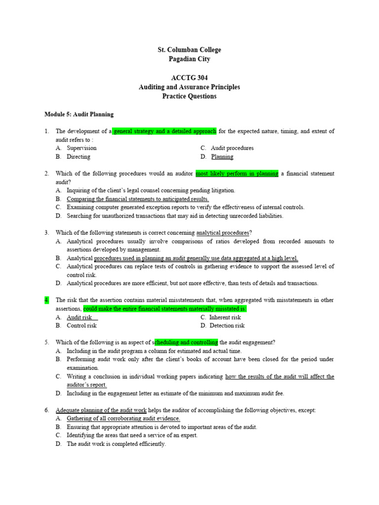 Practice Questions - Module 5 | PDF | Audit | Financial Audit Practice Questions - Module 5 | PDF | Audit | Financial Audit
